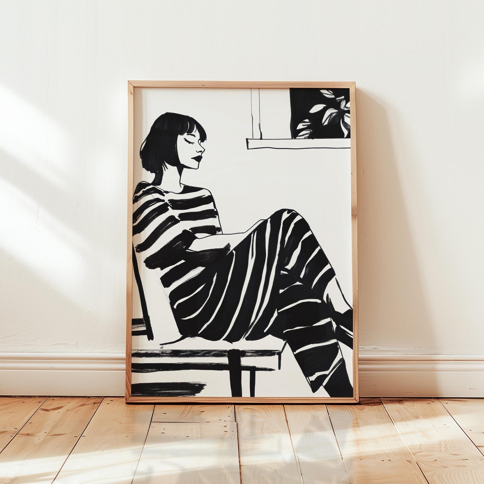Minimalist Black and White Woman Print, Modern Striped Art, Serene ...
