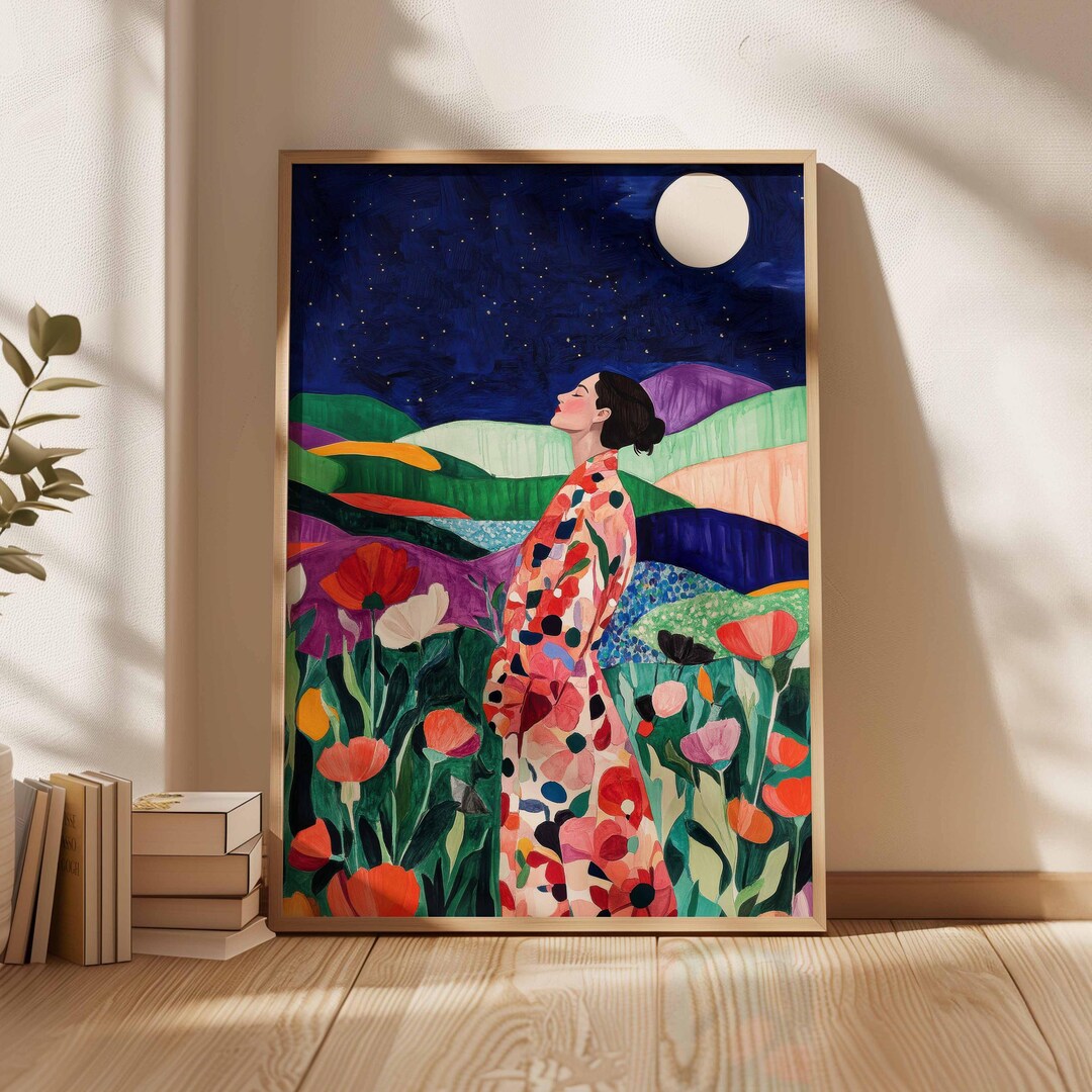 Woman Under Moon in Floral Landscape Dreamy Colorful Art Night Sky ...