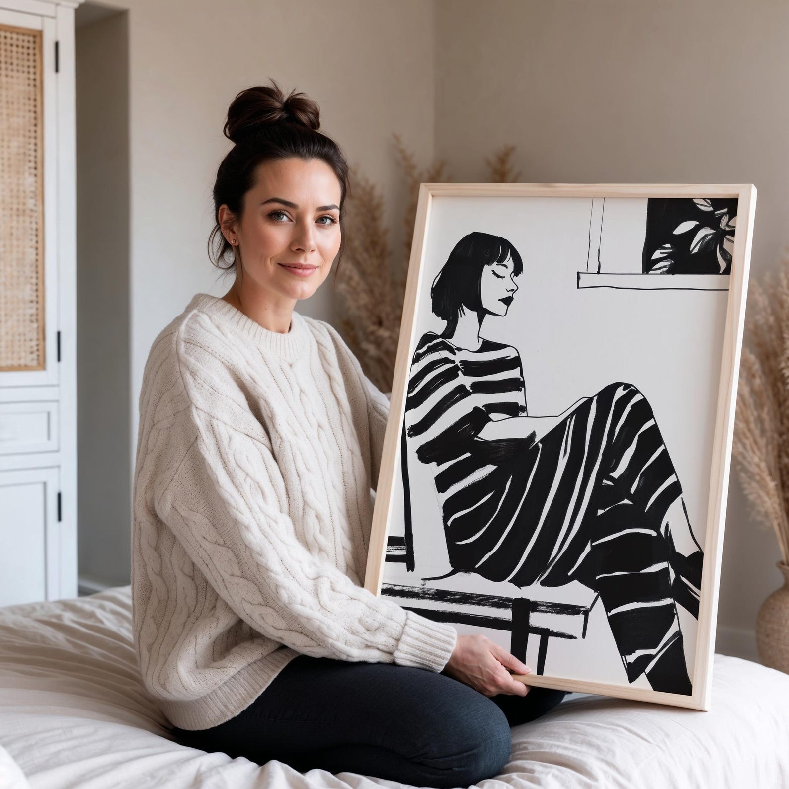 Minimalist Black and White Woman Print, Modern Striped Art, Serene ...