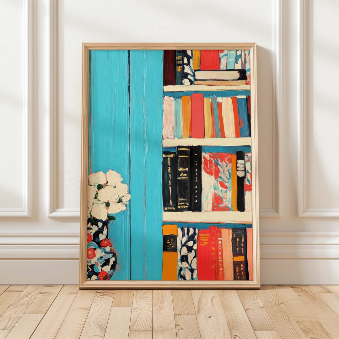 Blue Bookshelf With Flowers, Colorful Wall Art for Book Lovers, Vibrant ...