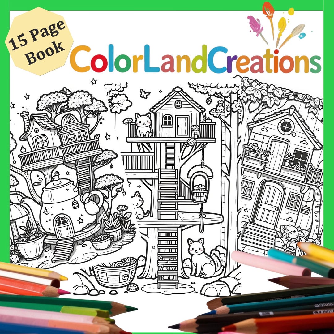 Cute Magical Treehouses Coloring Book for Kids - 15 Page Printable PDF ...