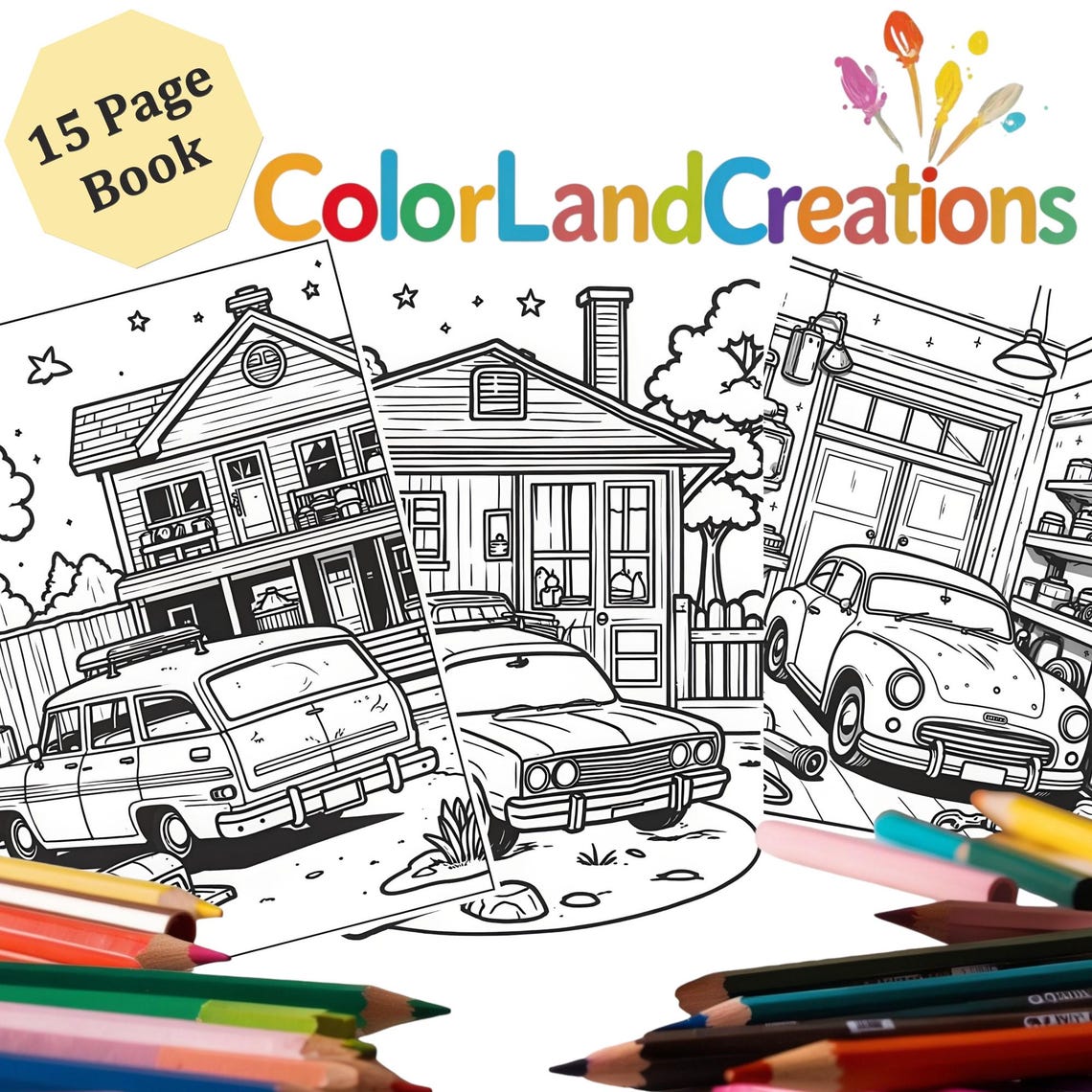 Old Car Enthusiast Coloring Book: 15 Digital Pages of Classic Car ...
