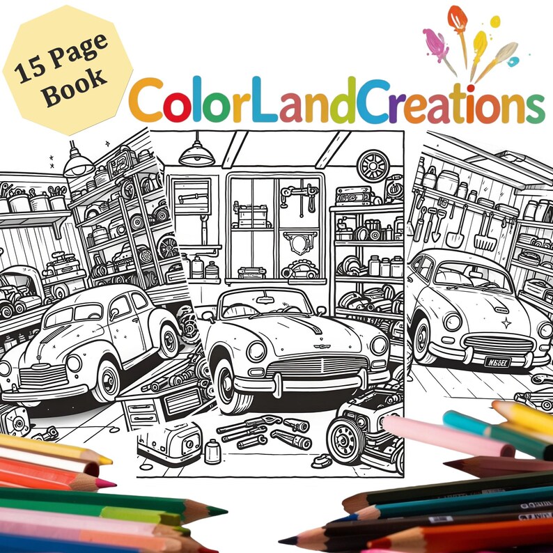 Old Car Enthusiast Coloring Book: 15 Digital Pages of Classic Car ...