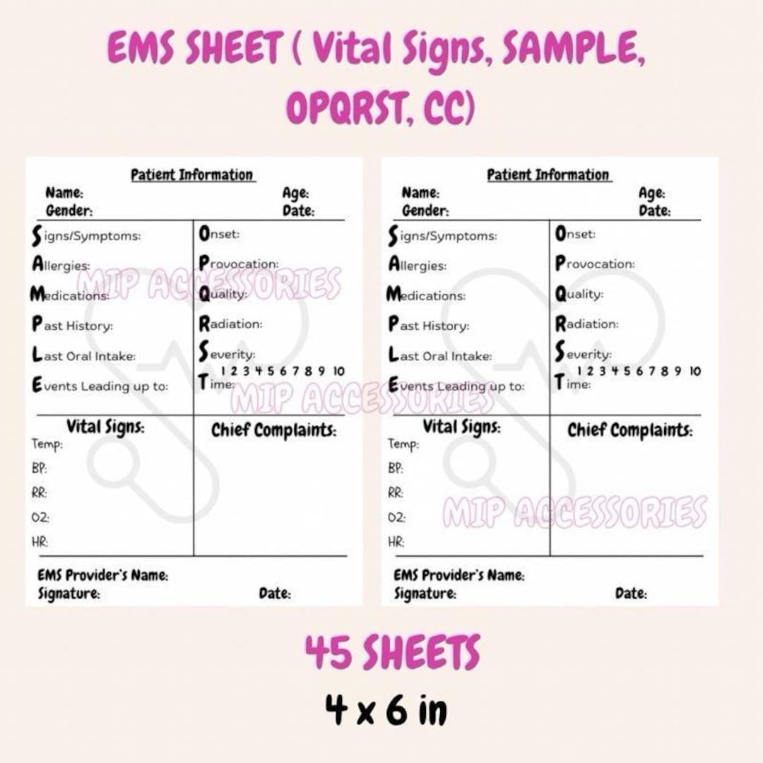 EMS Sheets (vital Signs, SAMPLE, OPQRST, Cc) 45 Sheets 4 X 6 Inches in ...