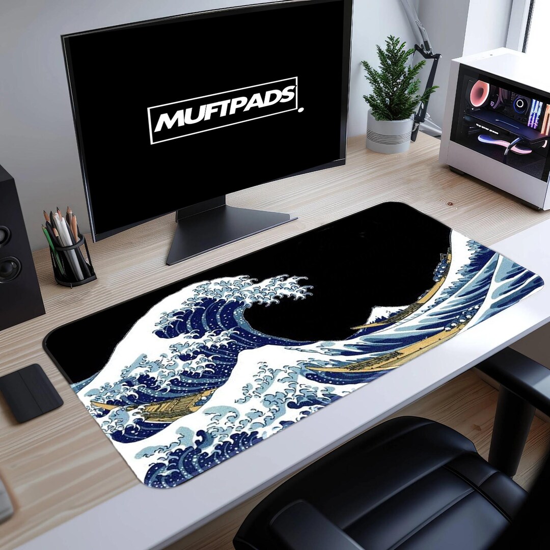 Japanese Kanagawa Great Wave Desk Mat, Great Wave Mouse Pad, Sunset ...