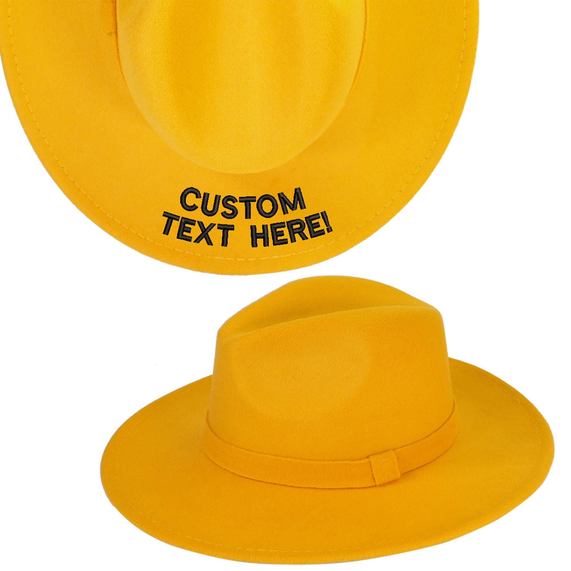 Personalized Text Embroidered Yellow Fedora Upturn Wide Brim Cotton ...