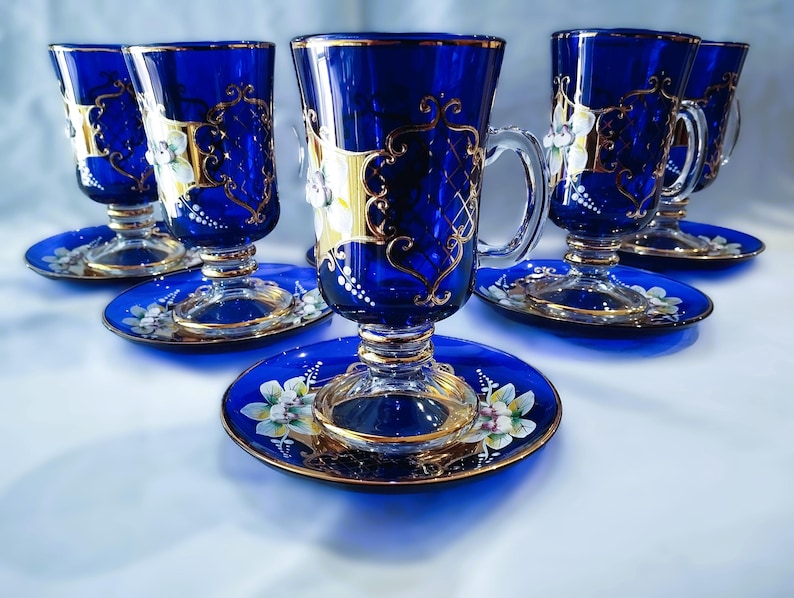 Bohemian Blue Glass Tea & Coffee Set: Gold Enamel Decor, 12-piece - Etsy