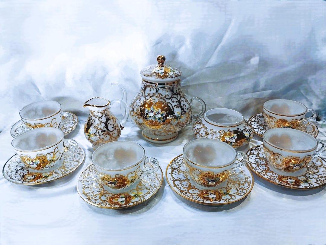 Luxury Czech Tea, Coffee White Glass Set Decorated With Gold and Enamel ...
