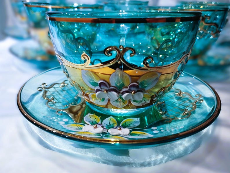 Bohemian Blue Glass Tea Set: Gold Enamel Cups and Plates, 12-piece - Etsy
