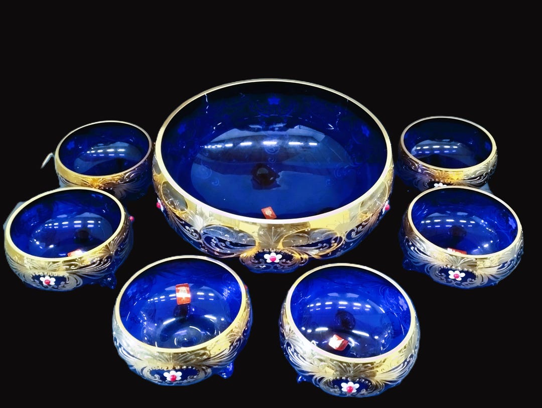 Czech Bohemia Glass - Blue Bowl Set 7 Pcs, Decorated Gold + Enamel - Etsy