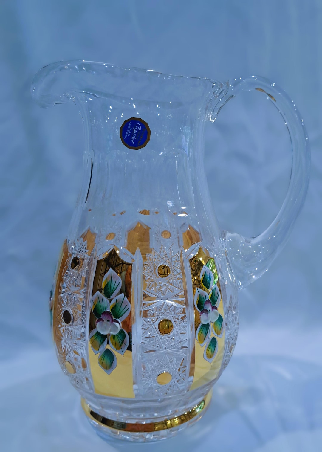 Czech Decorative Cut Glass Crystal Pitcher 26 Cm Decorated Gold, Enamel ...