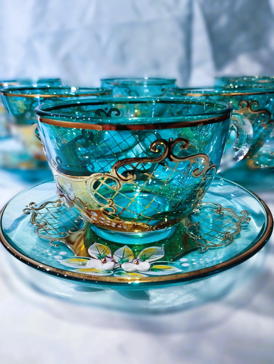 Bohemian Blue Glass Tea Set: Gold Enamel Cups and Plates, 12-piece - Etsy
