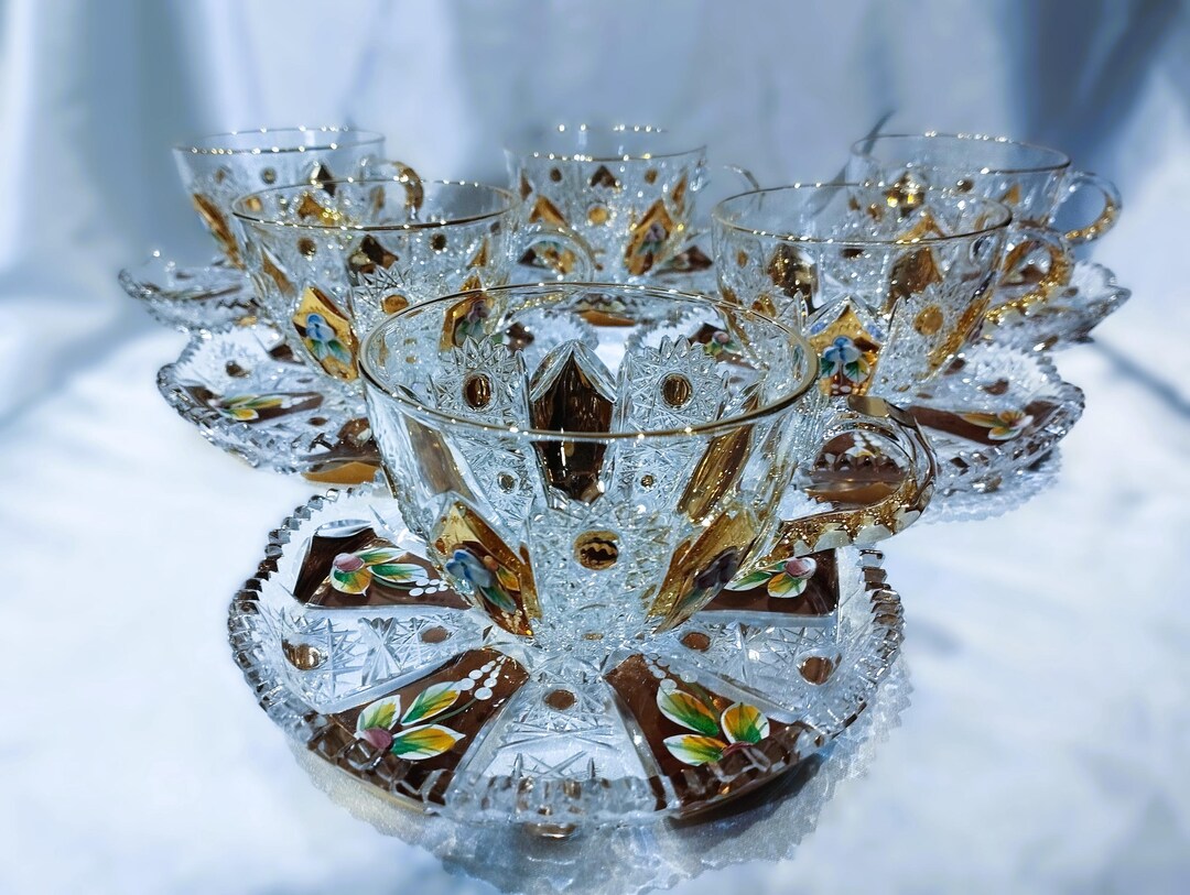 Bohemian Crystal Tea Cups and Plates, Gold Enamel, 6 Pcs - Etsy
