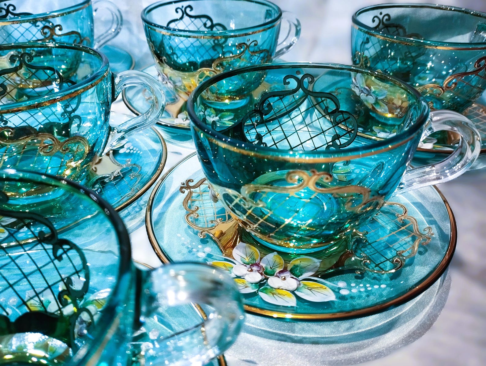 Bohemian Blue Glass Tea Set: Gold Enamel Cups and Plates, 12-piece - Etsy
