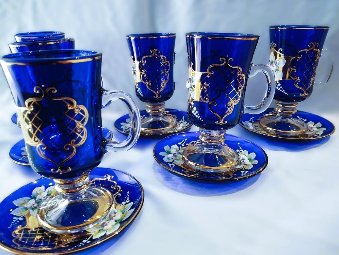 Bohemian Blue Glass Tea & Coffee Set: Gold Enamel Decor, 12-piece - Etsy