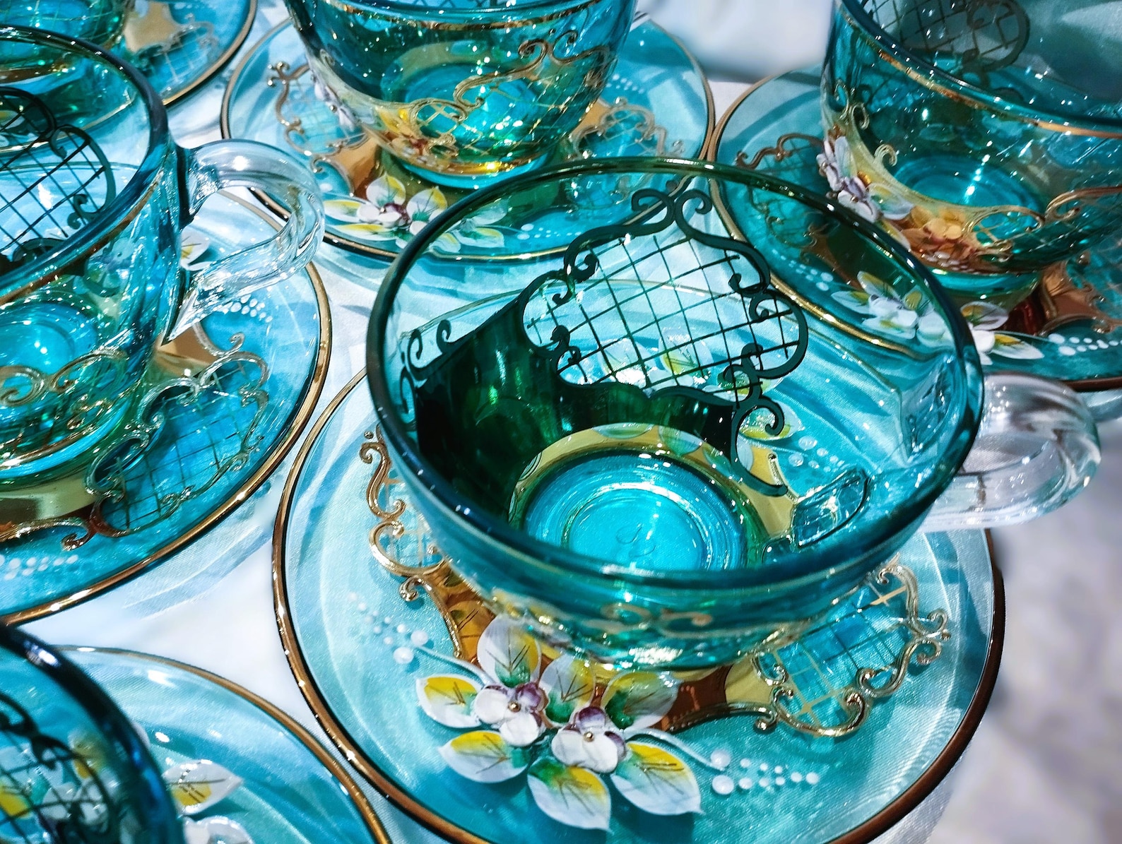 Bohemian Blue Glass Tea Set: Gold Enamel Cups and Plates, 12-piece - Etsy