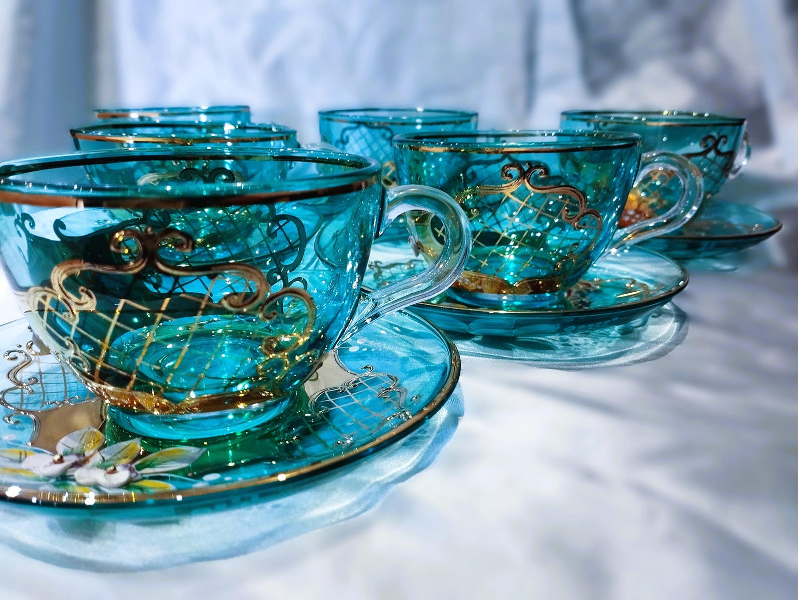 Bohemian Blue Glass Tea Set: Gold Enamel Cups and Plates, 12-piece - Etsy