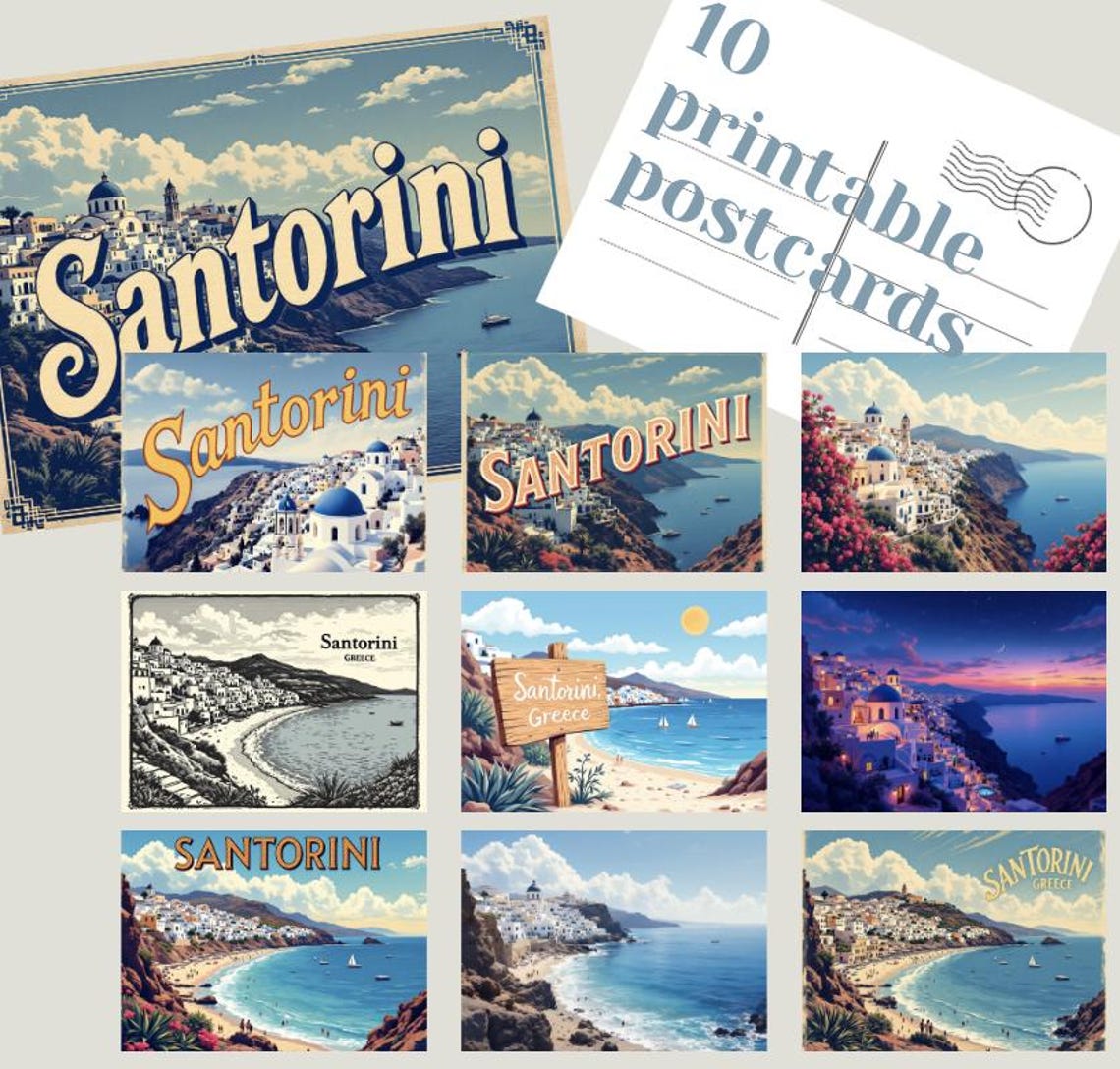 10 Vintage Tourism Travel Santorini Greece Printable Postcards ...