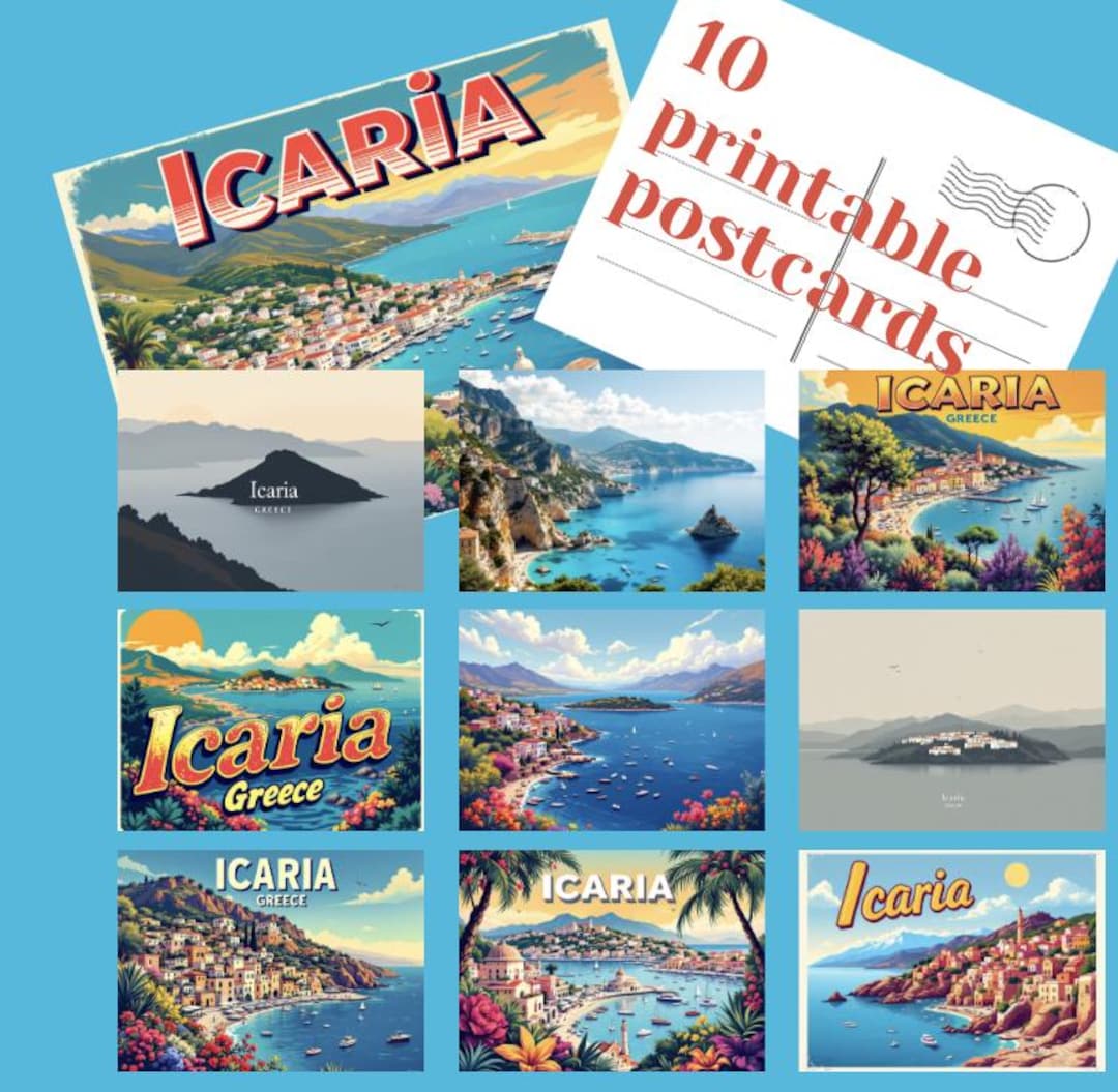 10 Vintage Tourism Travel Icaria Greece Printable Postcards, Printable ...