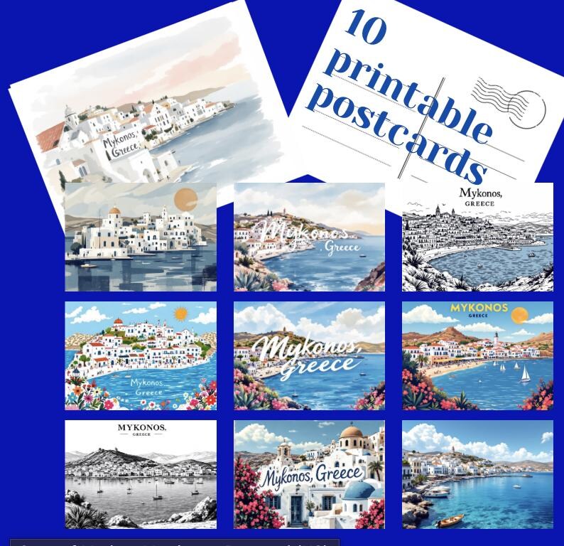 10 Vintage Tourism Travel Mykonos Greece Printable Postcards, Printable ...