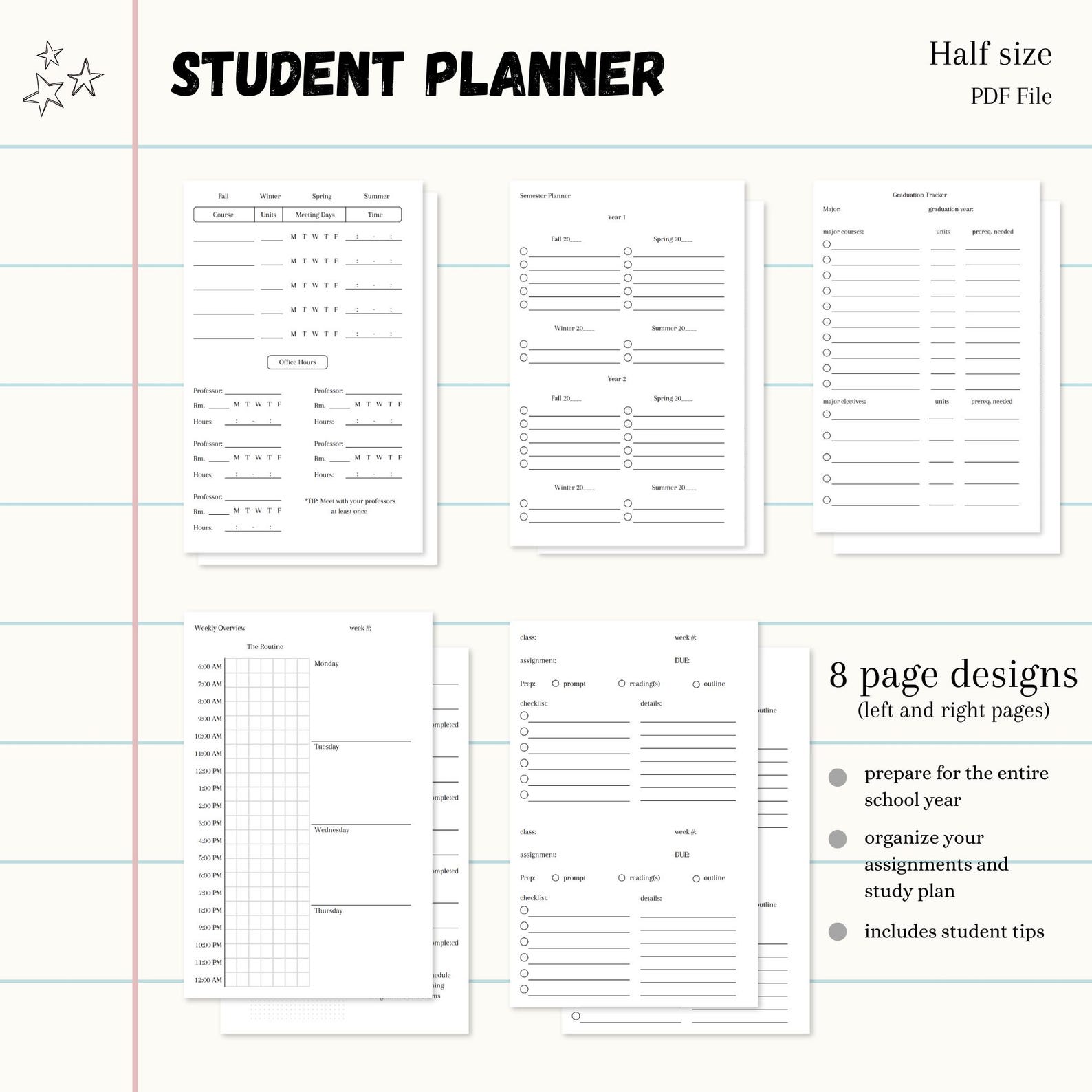Student Planner, Half Size Planner Pages, Planner for Half Size ...