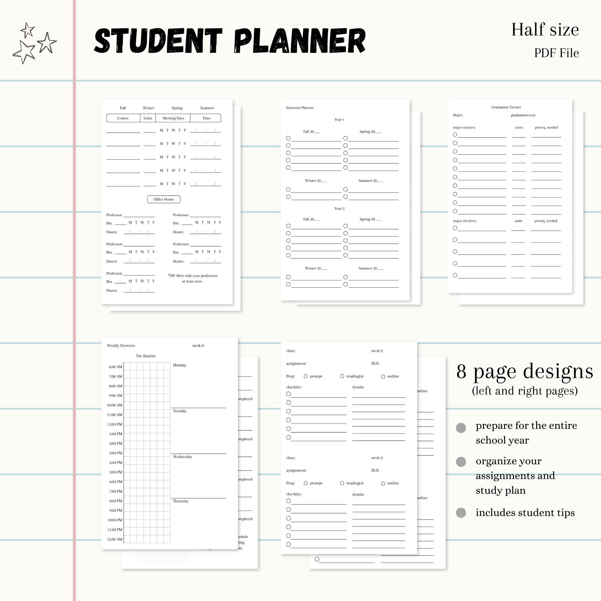 Student Planner, Half Size Planner Pages, Planner for Half Size ...