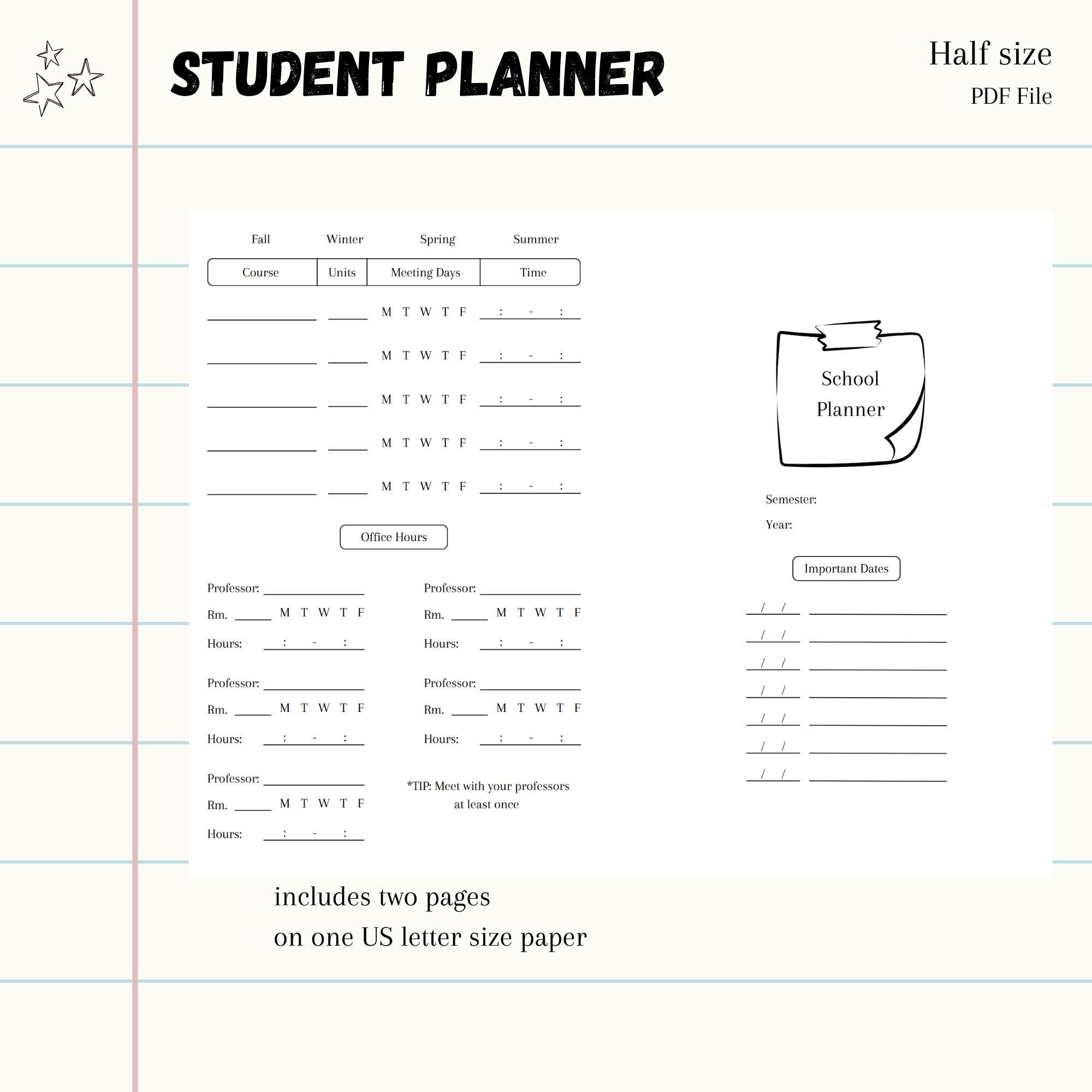 Student Planner, Half Size Planner Pages, Planner for Half Size ...