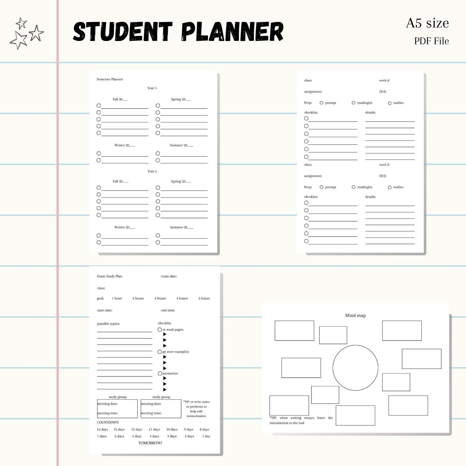 Student Planner Printables, A5 Planner Pages, Semester Planner for A5 ...