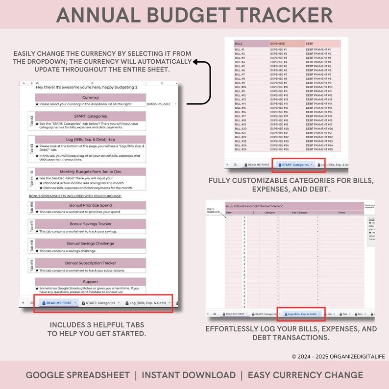 Ultimate Annual Budget Spreadsheet (pink) | Income, Savings, Debt ...