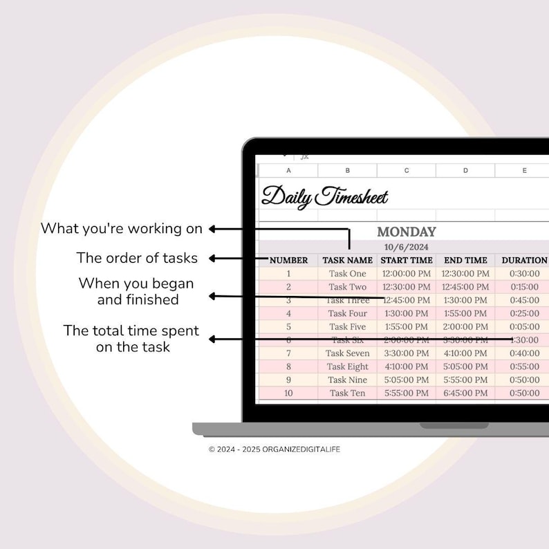 Daily Timesheet in Pastel Spreadsheet With FREEBIES | Task Tracker ...