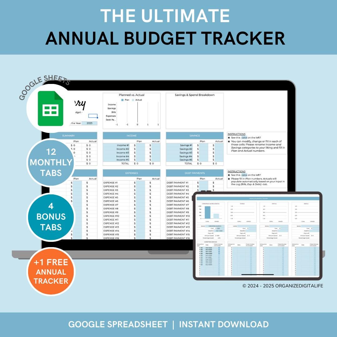 Ultimate Annual Budget Spreadsheet (blue) | Income, Savings, Debt ...
