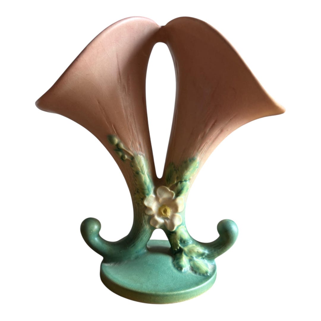 Vintage White Rose Double Fluted Cornucopia Roseville Pottery 1940s ...