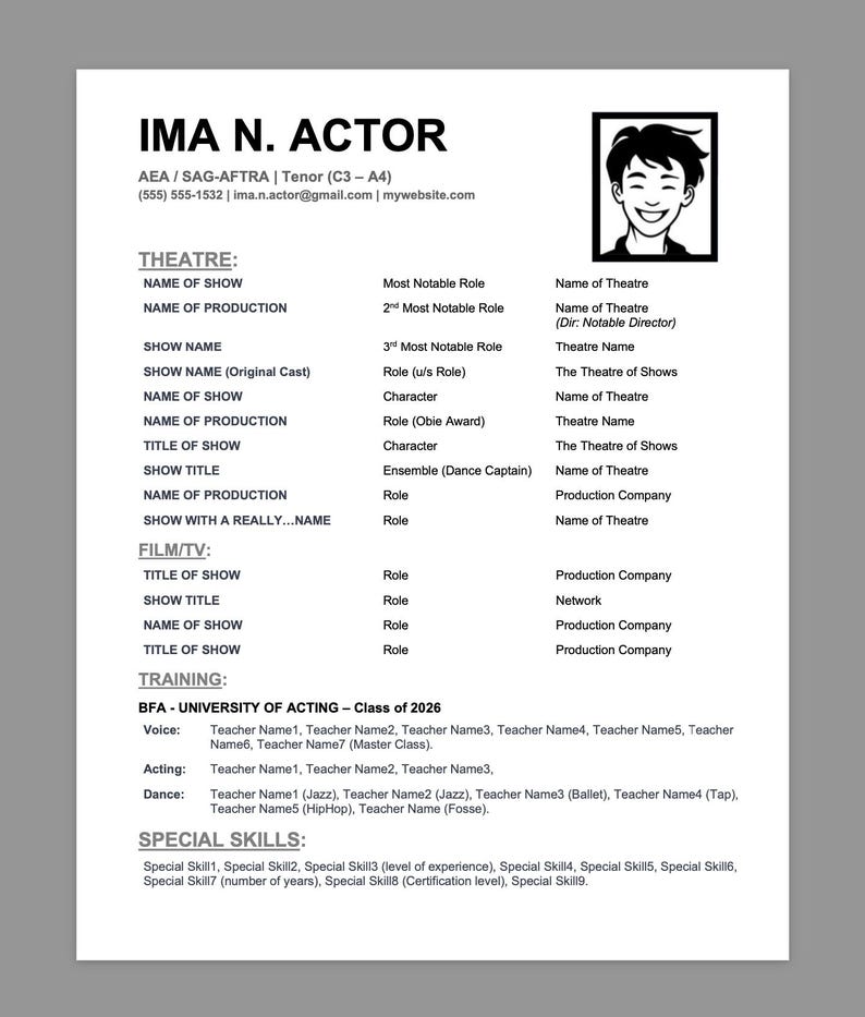Actor Theatrical Resume Template - Etsy