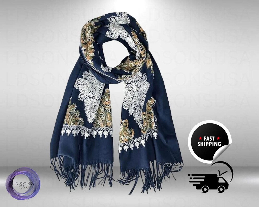 Hand Embroidered Wool Shawl – Floral Knit Scarf Wrap for Women, Long ...