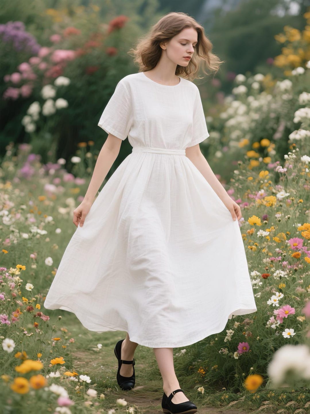White Linen Maxi Dress Short Sleeve Dress With Belt Boho Dress ...