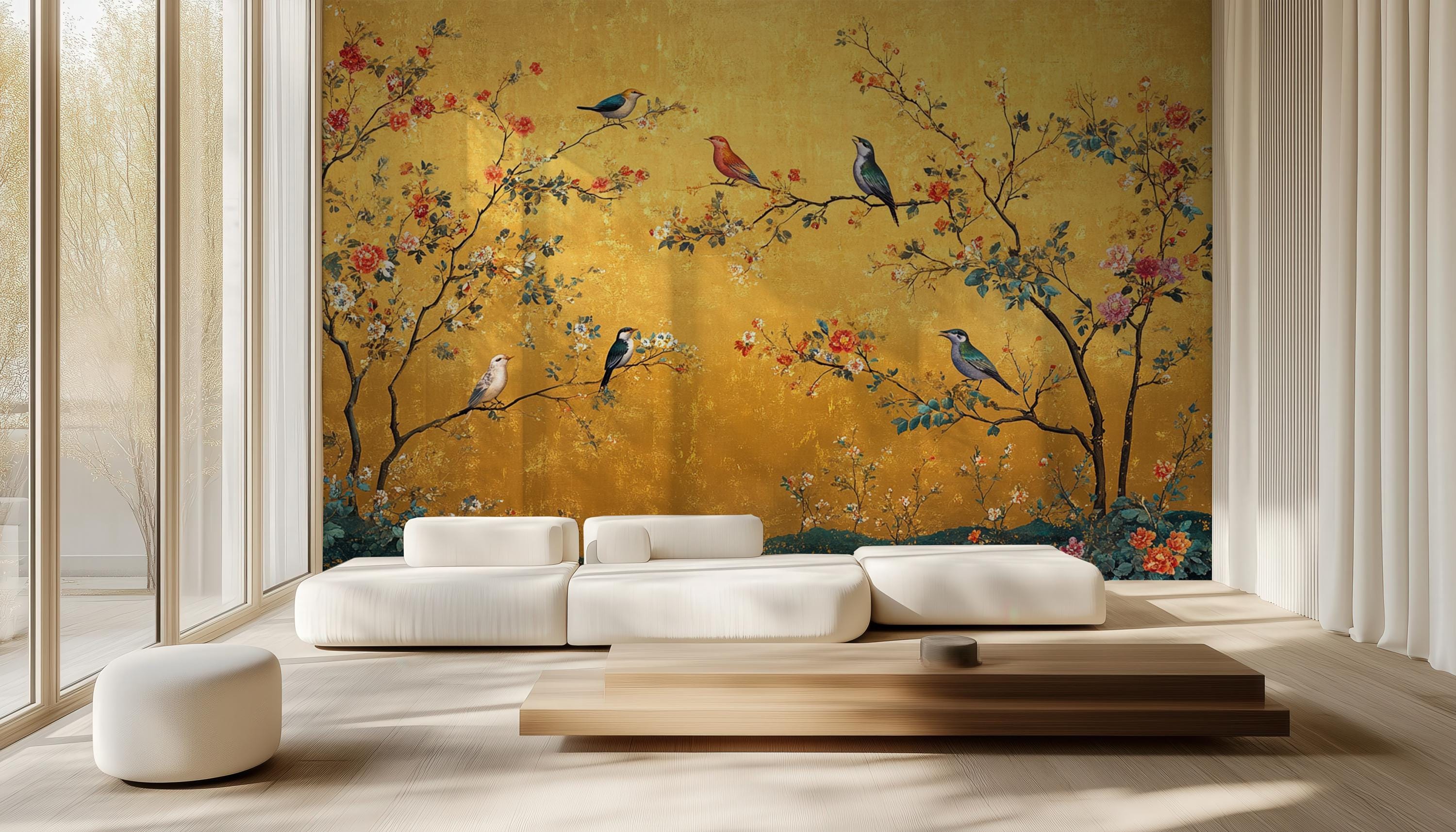 Elegant Yellow Chinoiserie Wallpaper With Birds and Blossoming Flowers ...
