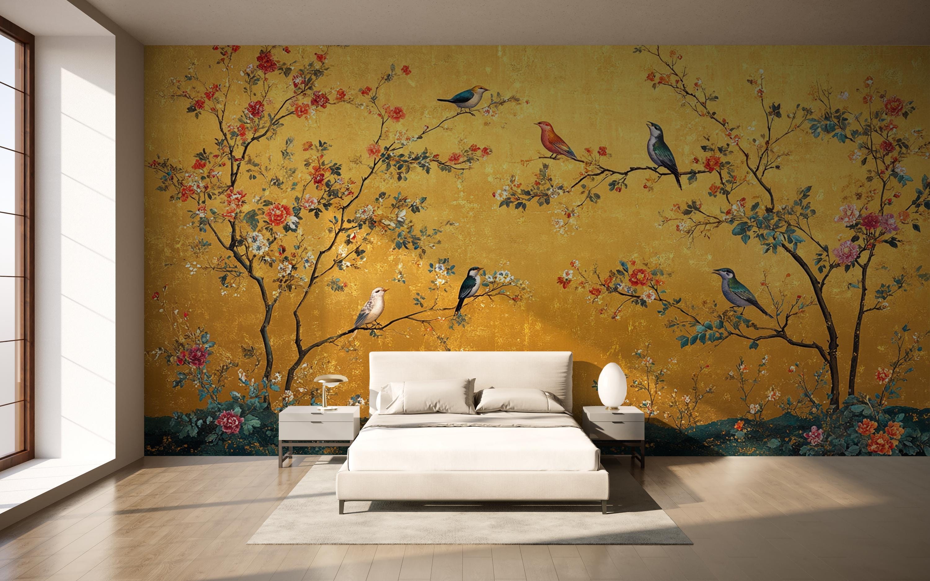 Elegant Yellow Chinoiserie Wallpaper With Birds and Blossoming Flowers ...