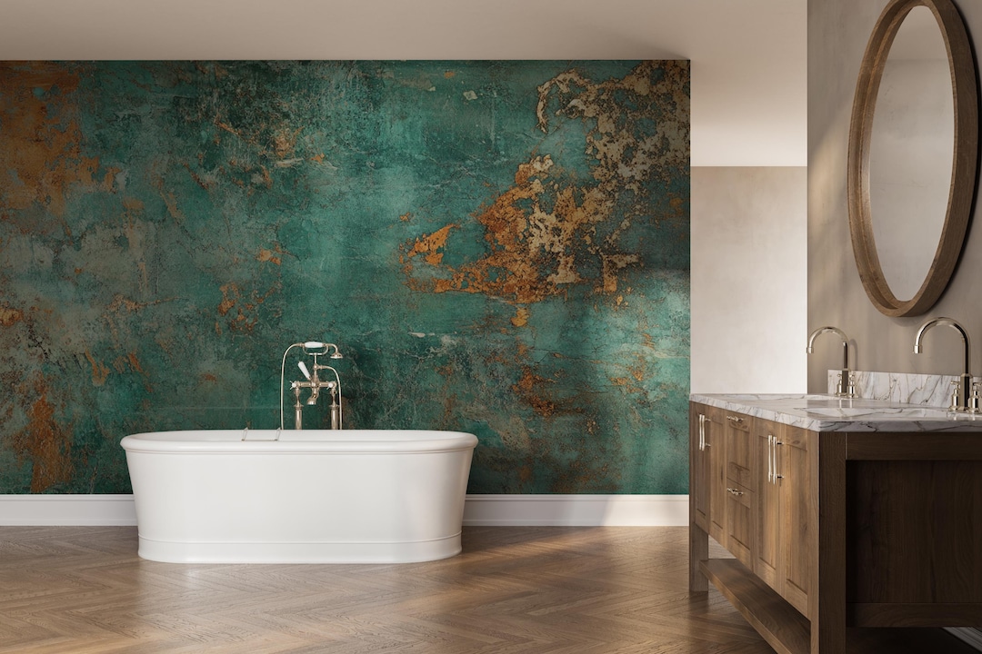 Rustic Green and Gold Textured Wallpaper-vintage Industrial Style Wall ...