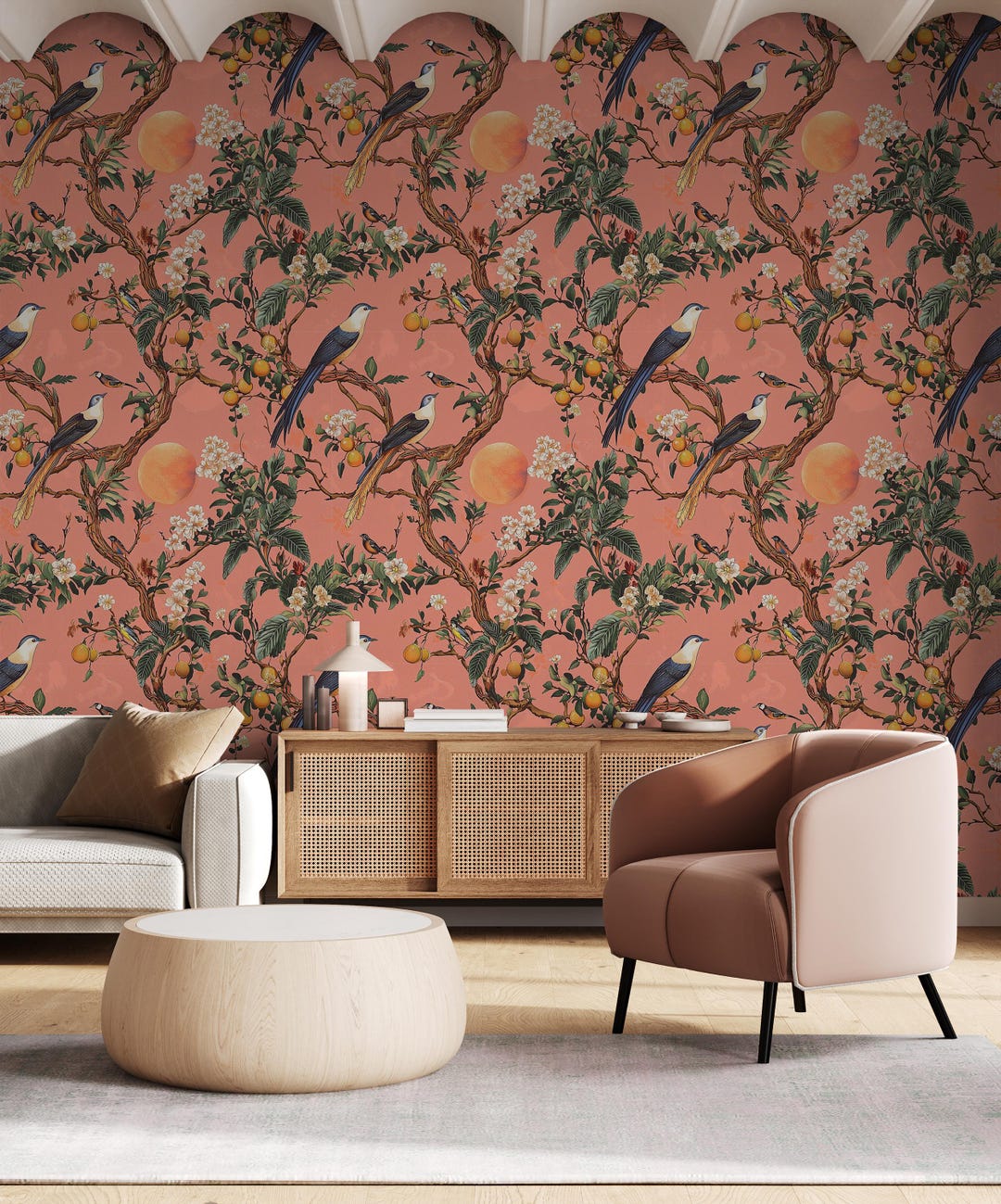 Vintage Botanical Bird Wallpaper | Pink Floral Peel and Stick - Etsy
