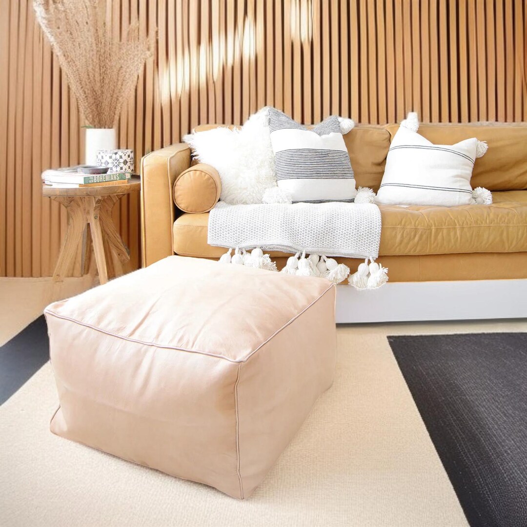 Natural Tan Leather Ottoman Pouf, Tan Square Leather Ottoman Storage ...
