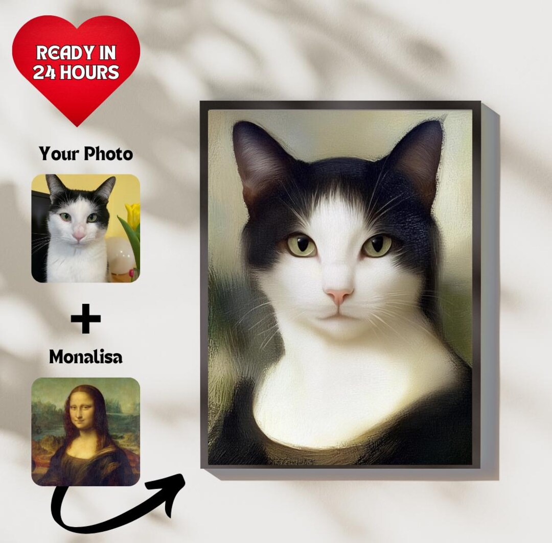 Custom Cat Portrait Cute Cat Poster Personalized Monalisa Drawn Pet Art ...