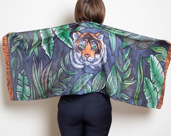 Silk Scarf Long Tiger Hand Painted, Gift for Women - Etsy