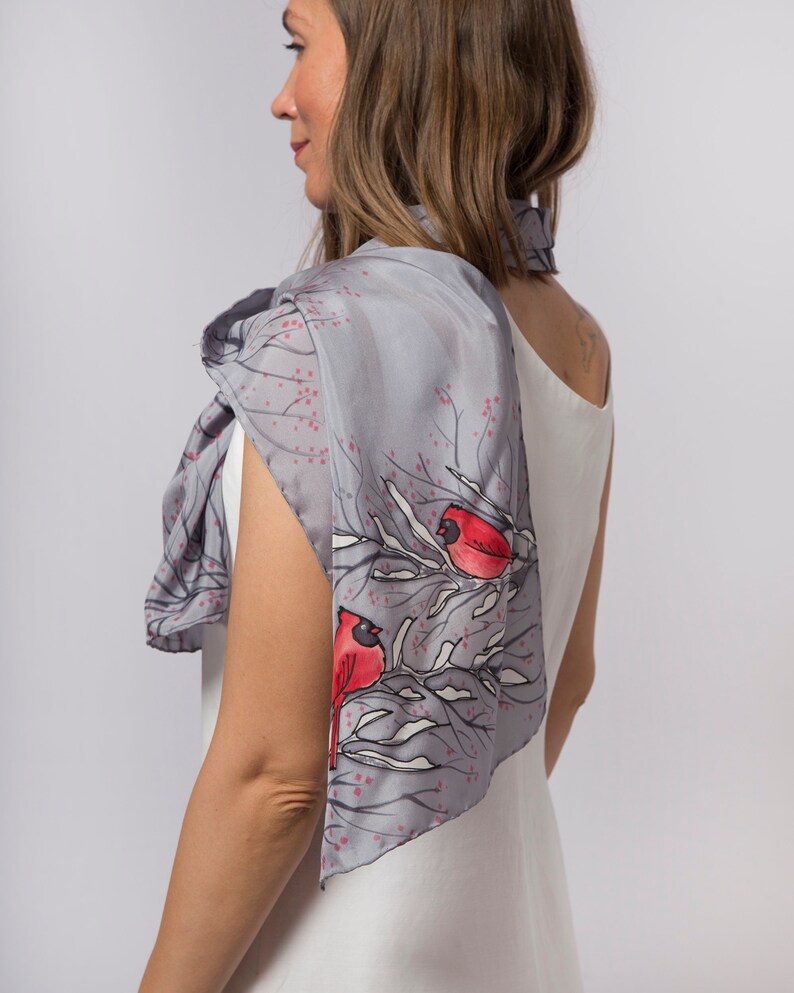 Cardinal Bird Scarf Hand Painted Silk Scarf Red Cardinal Grey - Etsy