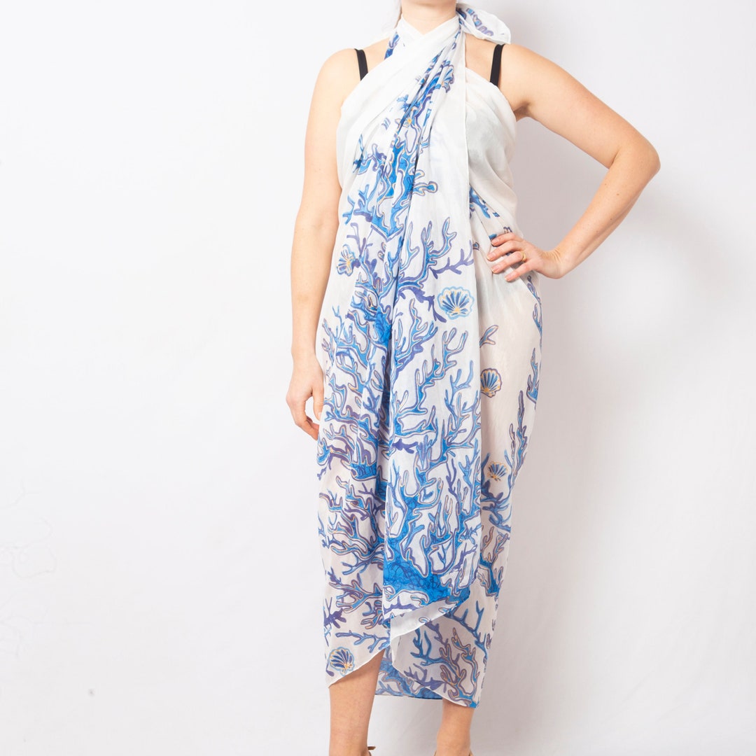 Coral Reef Hand Painted Silk Scarf Beach Sarong Wrap Blue White Batik ...