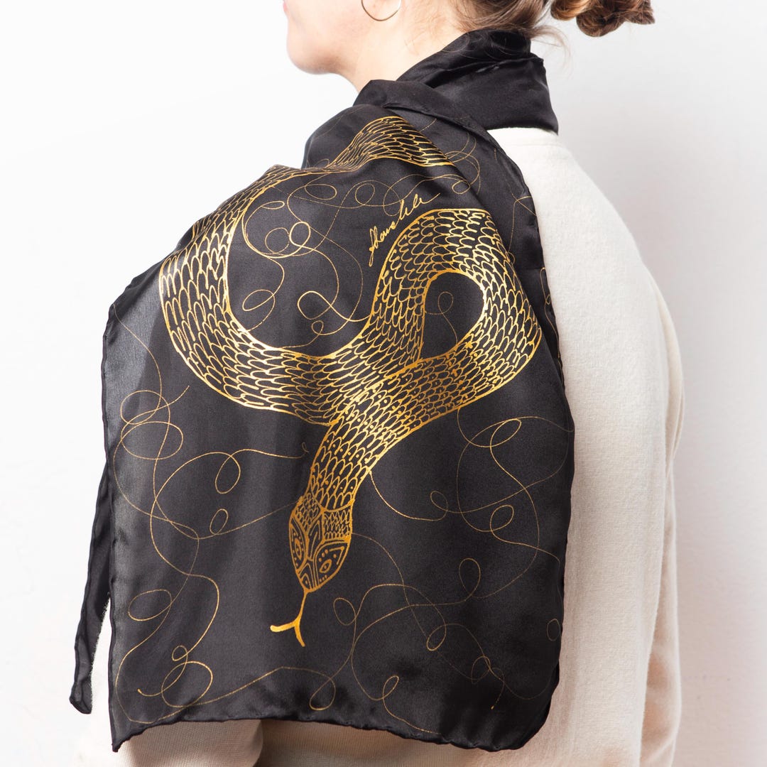 Hand Painted Black Silk Scarf Snake Print Snake Lover Gift 53X11 - Etsy