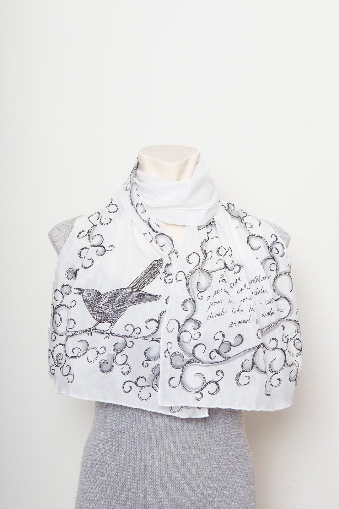Mockingbird Hand Painted White Silk Scarf Book Literary Gifts to Kill a ...