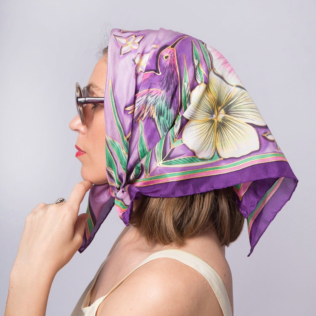 Hummingbird Silk Head Scarf Hand Painted Silk Scarf Hibiscus Colibri Purple Lilac Scarf Bird ...