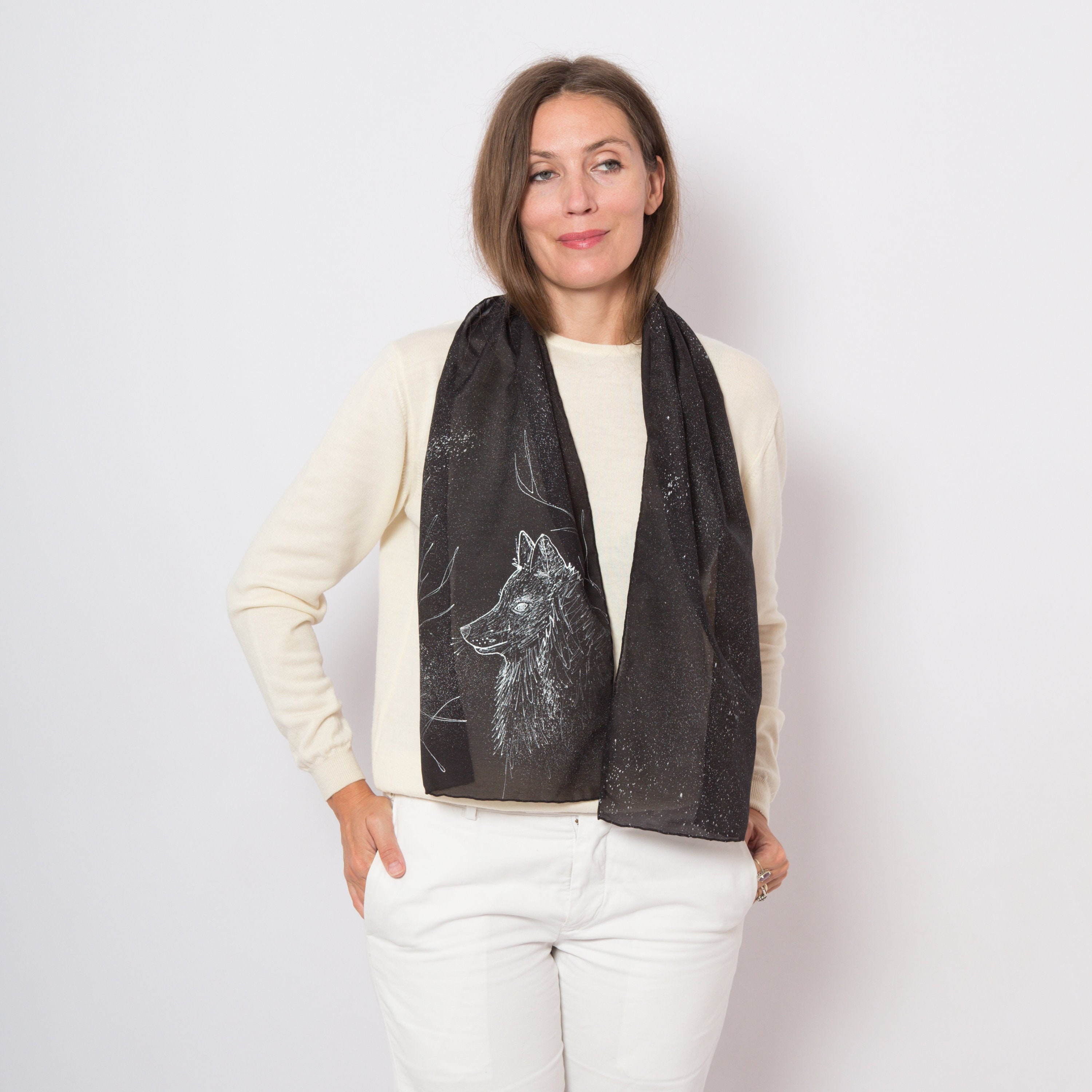 Fox Scarf Black Silk Scarf Hand Painted Scarf Winter Scarf | Etsy