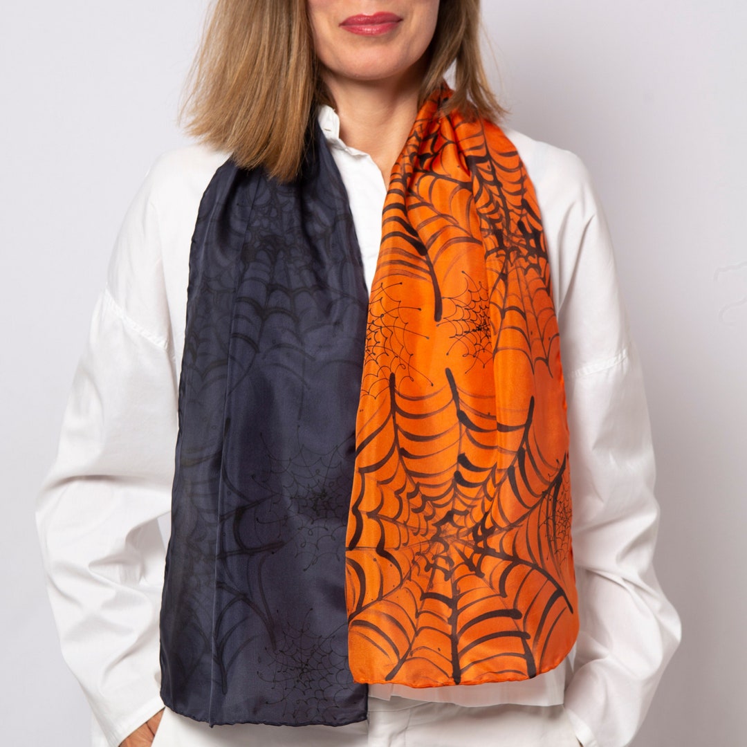 Orange Black Halloween Hand Painted Silk Scarf Spider Web Print Goth ...