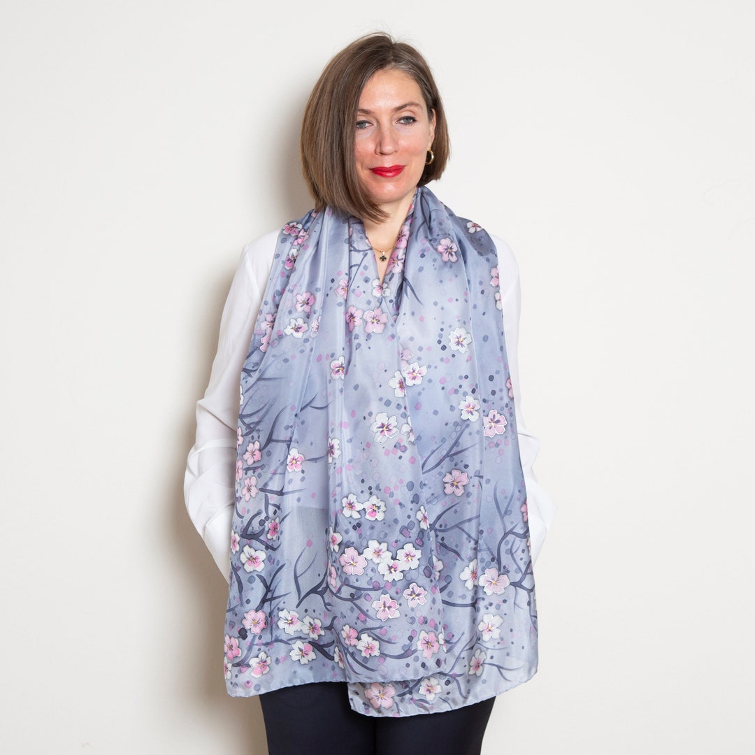 Sakura Hand Painted Grey Silk Scarf Floral Shawl Mother Day Gift ...